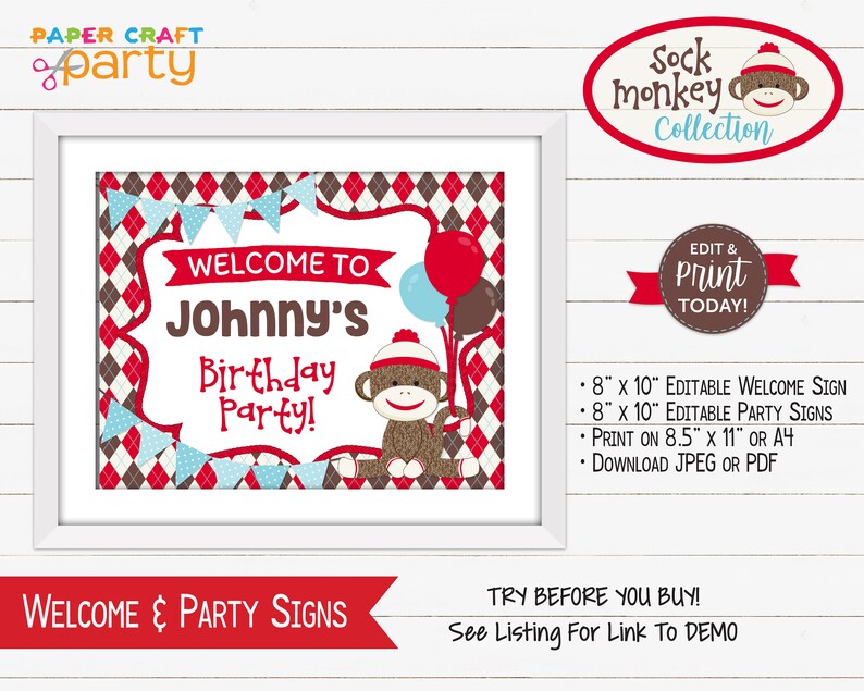 Sock Monkey Printable Birthday Banner Edit Online Download | Etsy