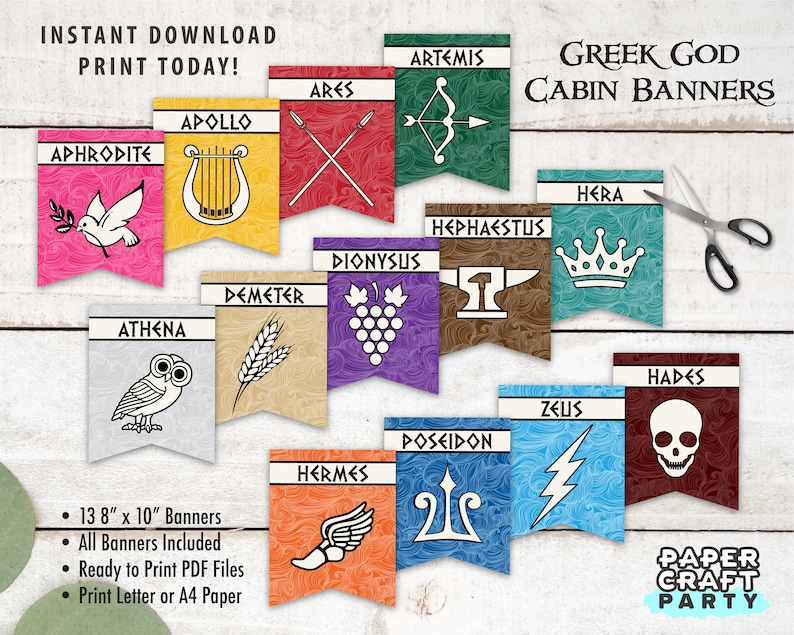 Printable Greek God Cabin Banners, Demigod Party Decorations, Greek God, Instant Download + DIY ...