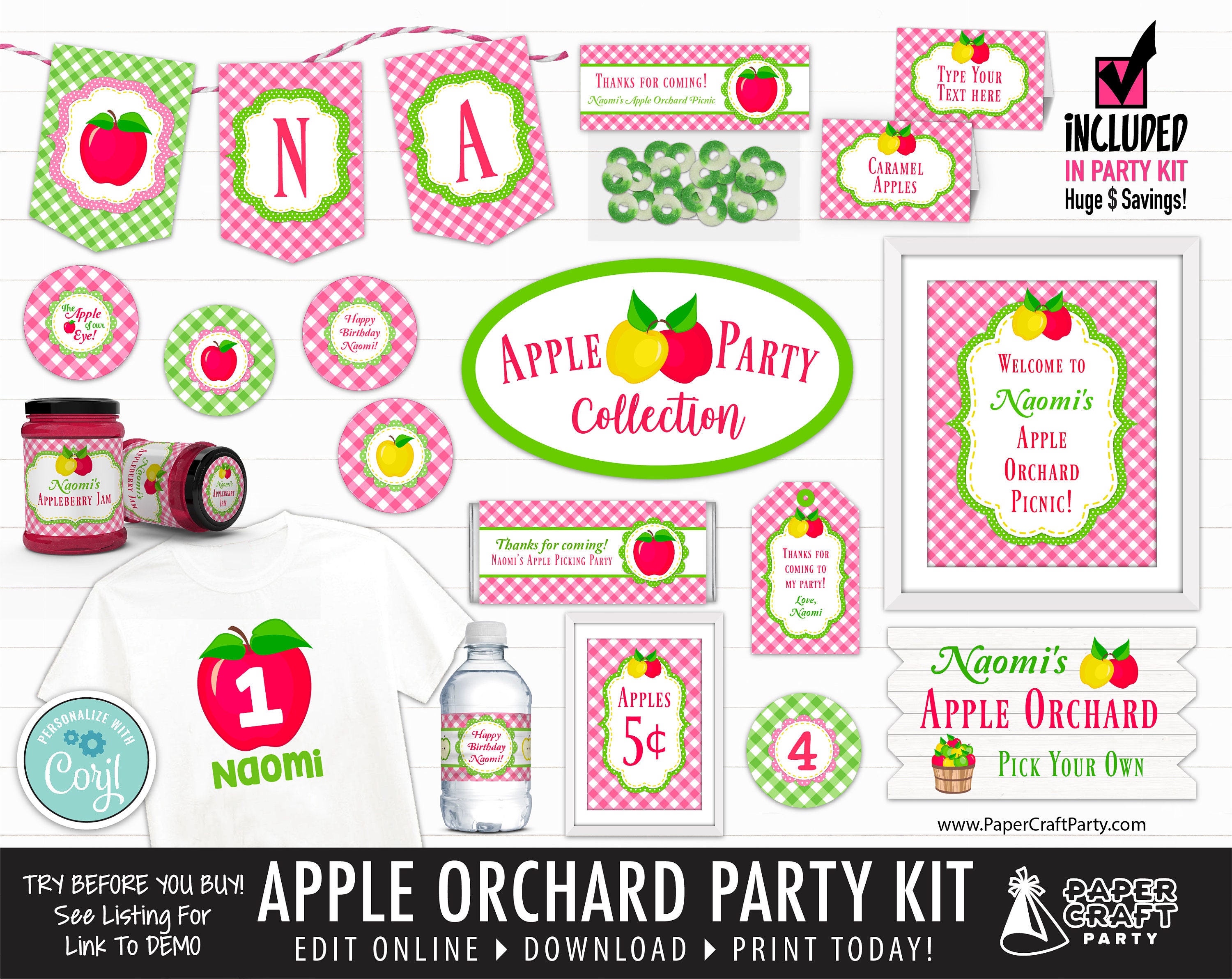 Apple Party Printable Birthday Gift Tags, Hanging Tags, Edit Online ...