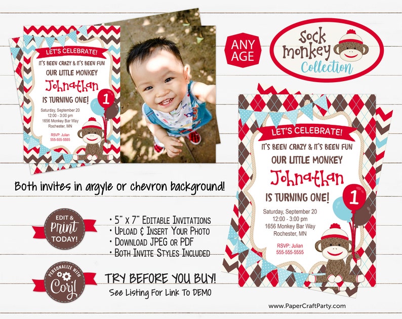 Sock Monkey Printable Birthday Banner, Edit Online + Download Today ...
