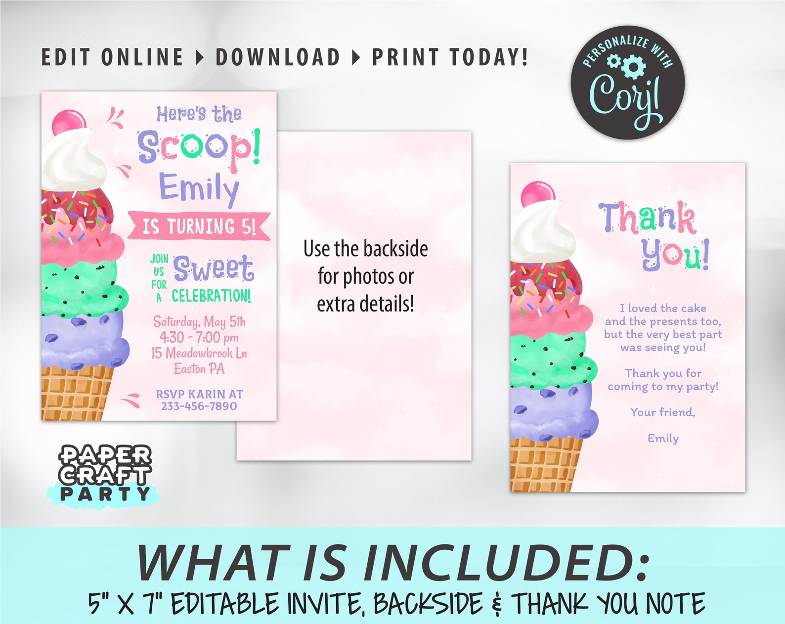 Ice Cream Printable Birthday Party Invitation, Thank You Note ...