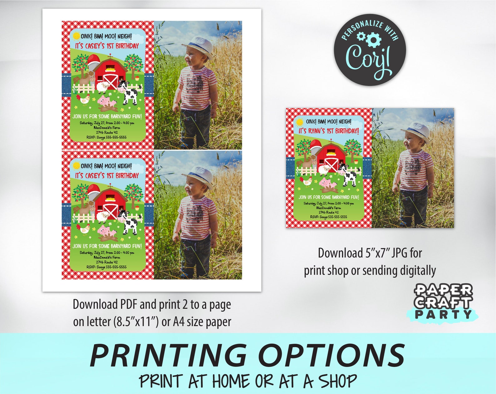 Farm Party Printable PHOTO Invitation and Thank You Note in | Etsy