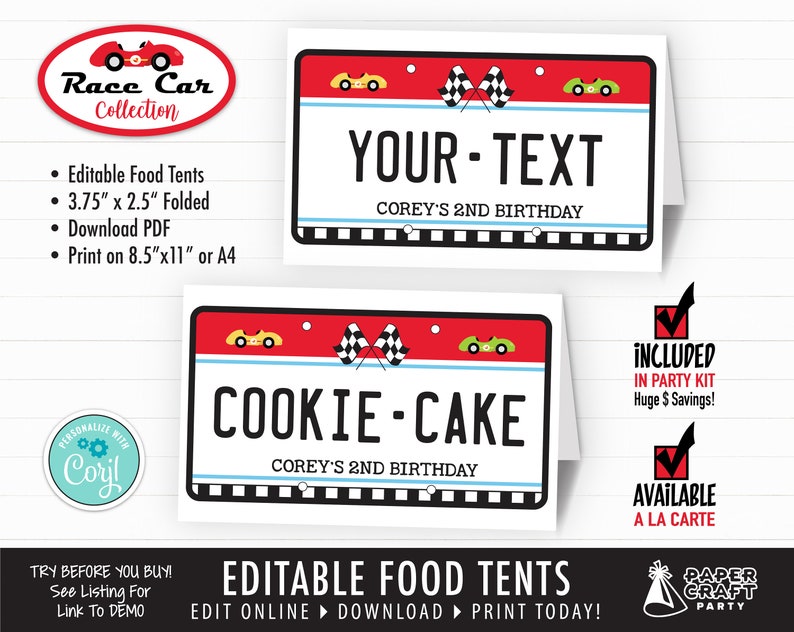 Race Car Food Tents, License Plate Place Cards, Edit Online + Download ...