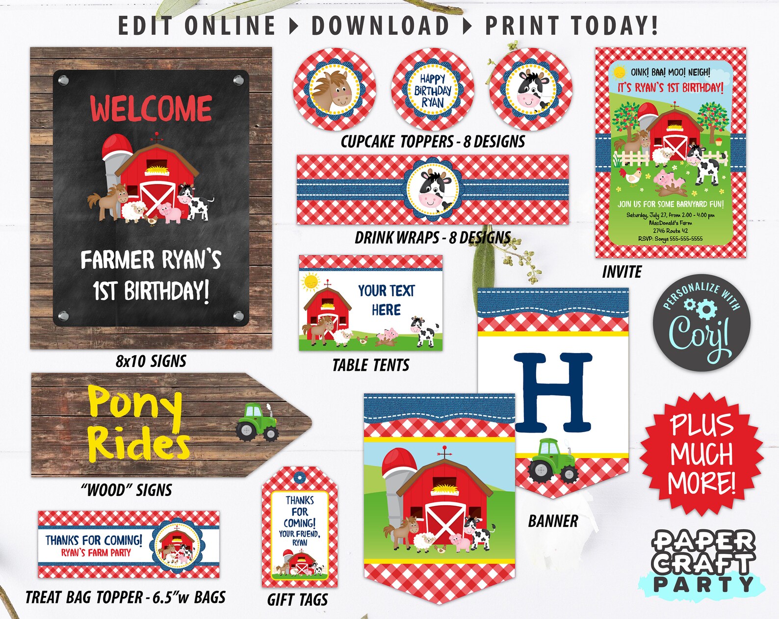 Farm Printable Party Kit Includes Invites and Decorations in RED, Edit ...