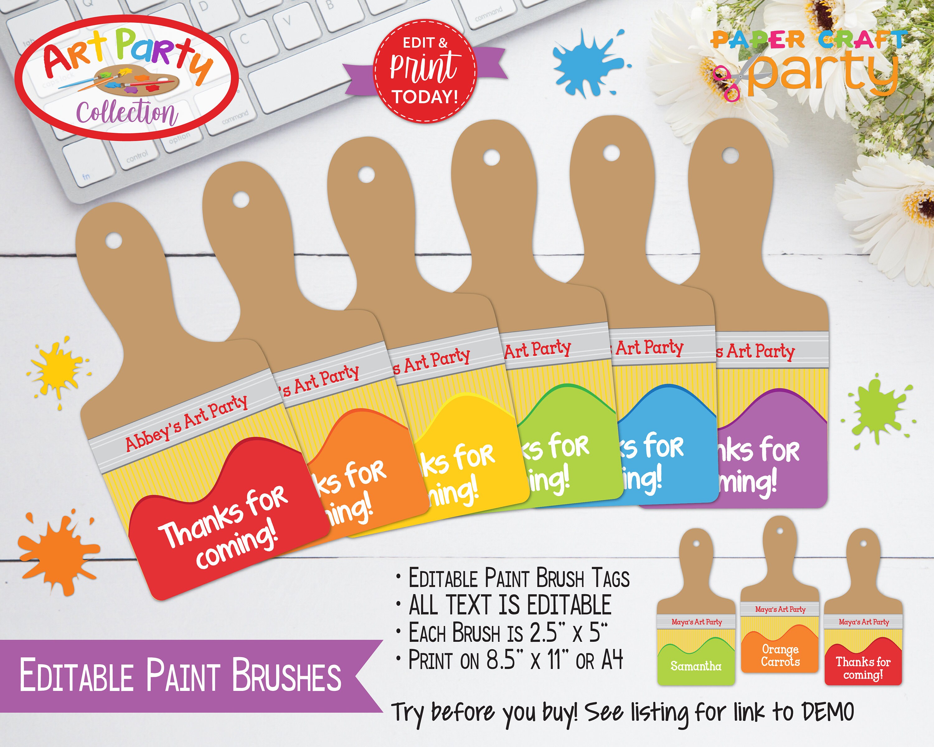 Art Party Printable Paint Brush Gift Tags Name Tags Food | Etsy