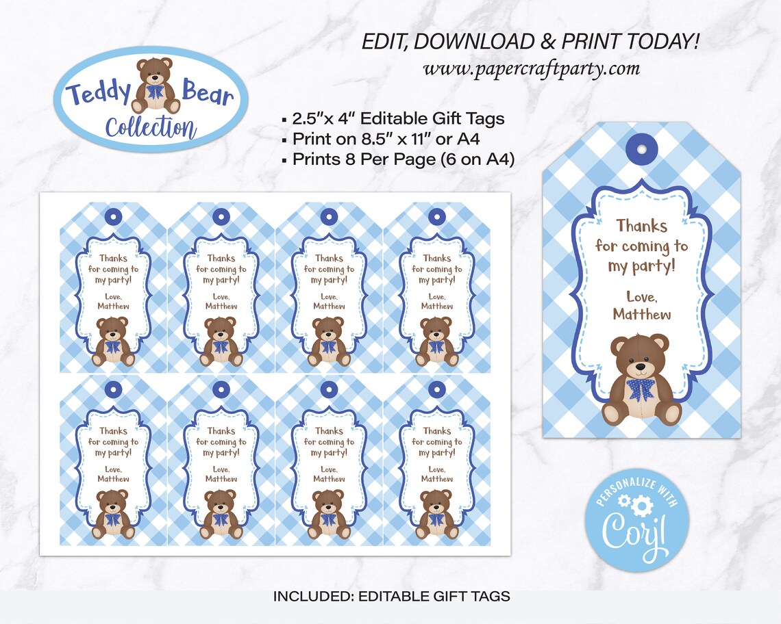 Teddy Bear Printable Gift Tags, Edit Online + Download Today With Free ...