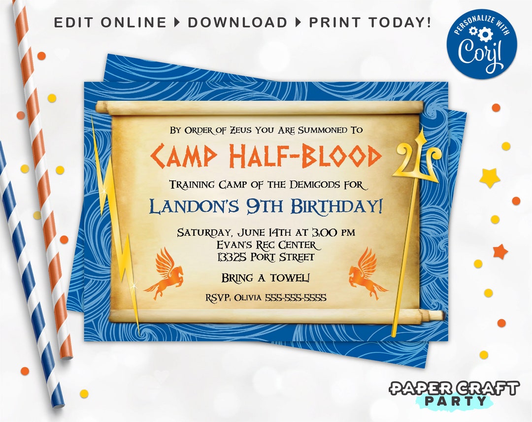 Demigod Birthday Invitation, Backside & Thank You Included, Printable ...