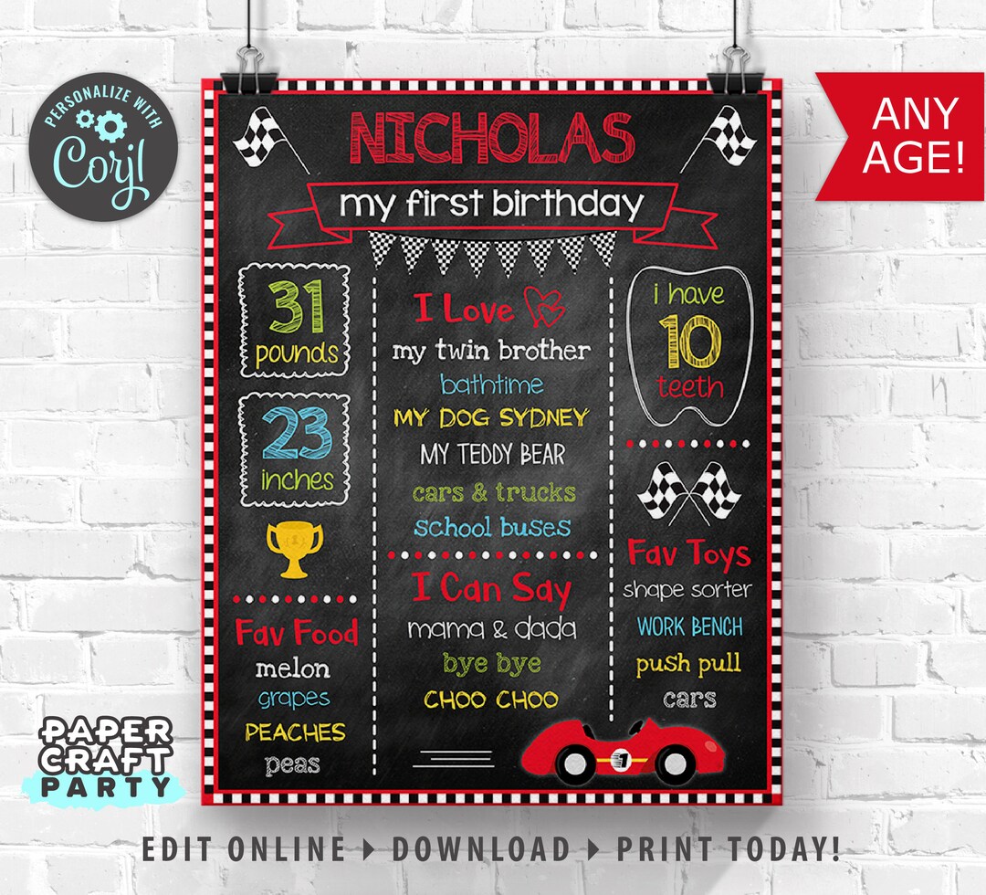 Race Car Milestone Chalkboard Poster for Any Age, Printable Sign, Edit ...