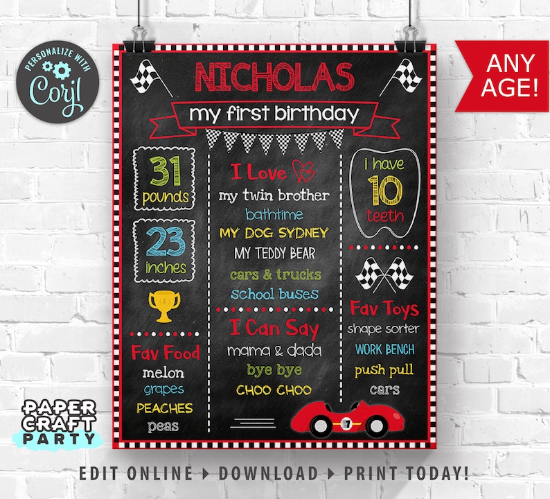 Race Car Milestone Chalkboard Poster for Any Age Printable - Etsy