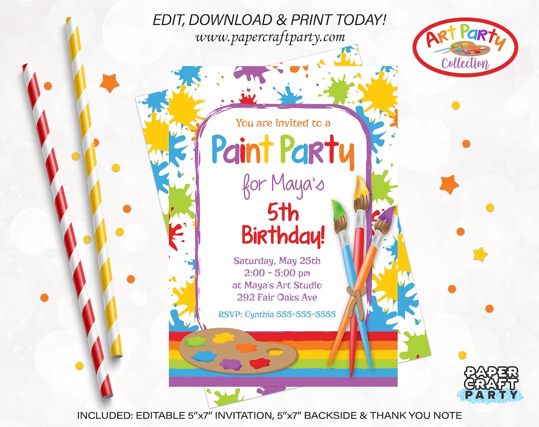Paint Art Party Printable Invitation and Thank You Note, Includes ...