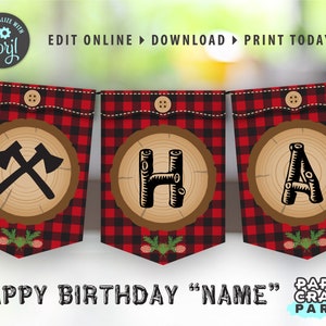 Lumberjack Party Printable Birthday Banner, Edit Online + Download ...