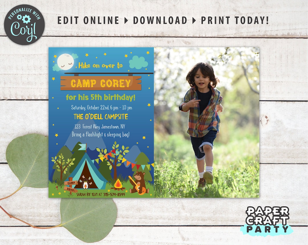 Camping Printable PHOTO Invite, Backside & Thank You, Nature Woodland S ...