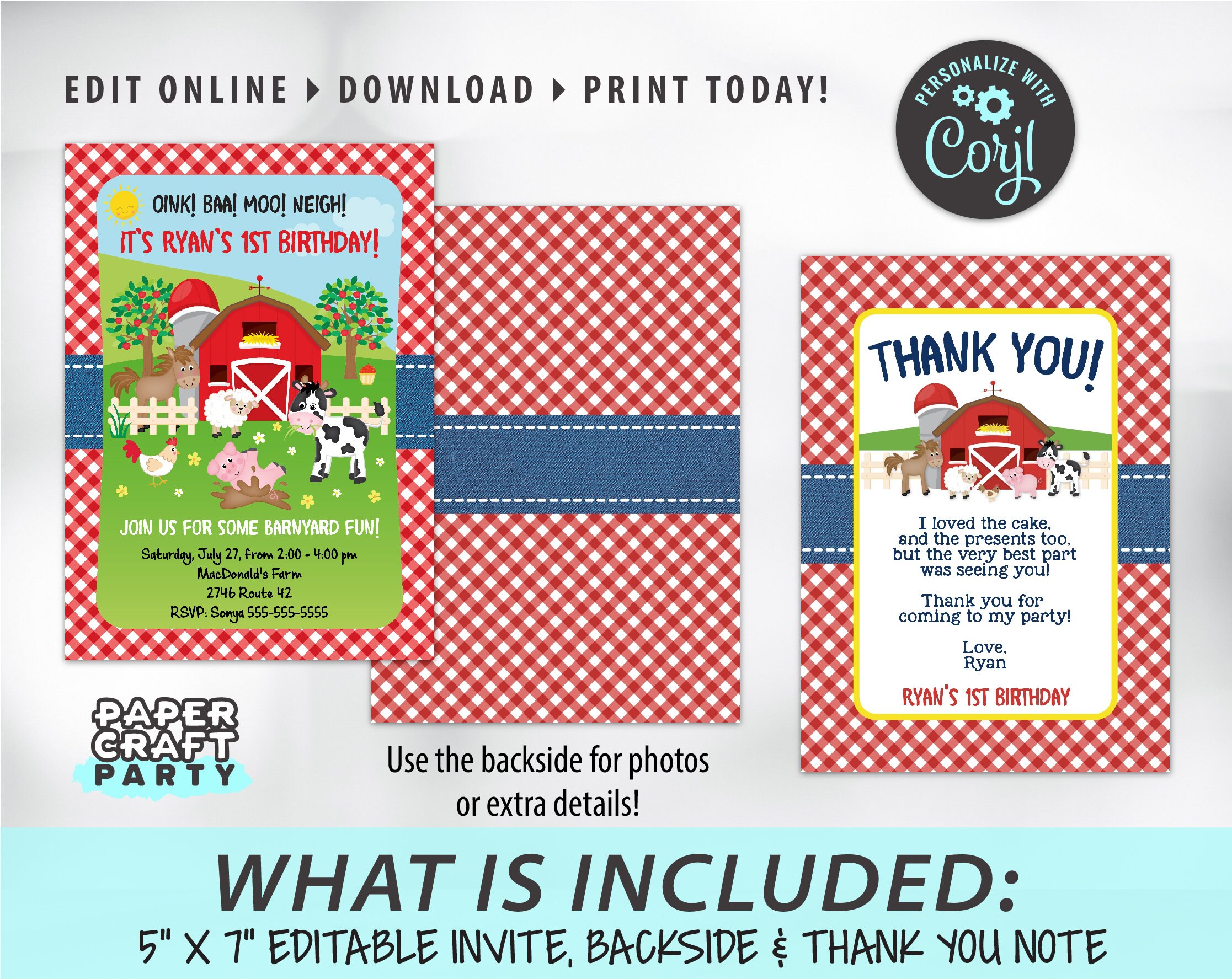 Farm Party Printable Invitation and Thank You Note in RED | Etsy