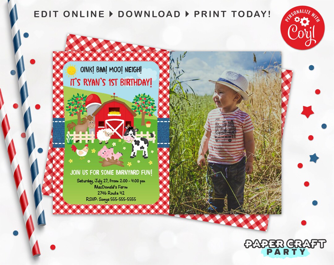 Farm Party Printable PHOTO Invitation and Thank You Note in RED ...