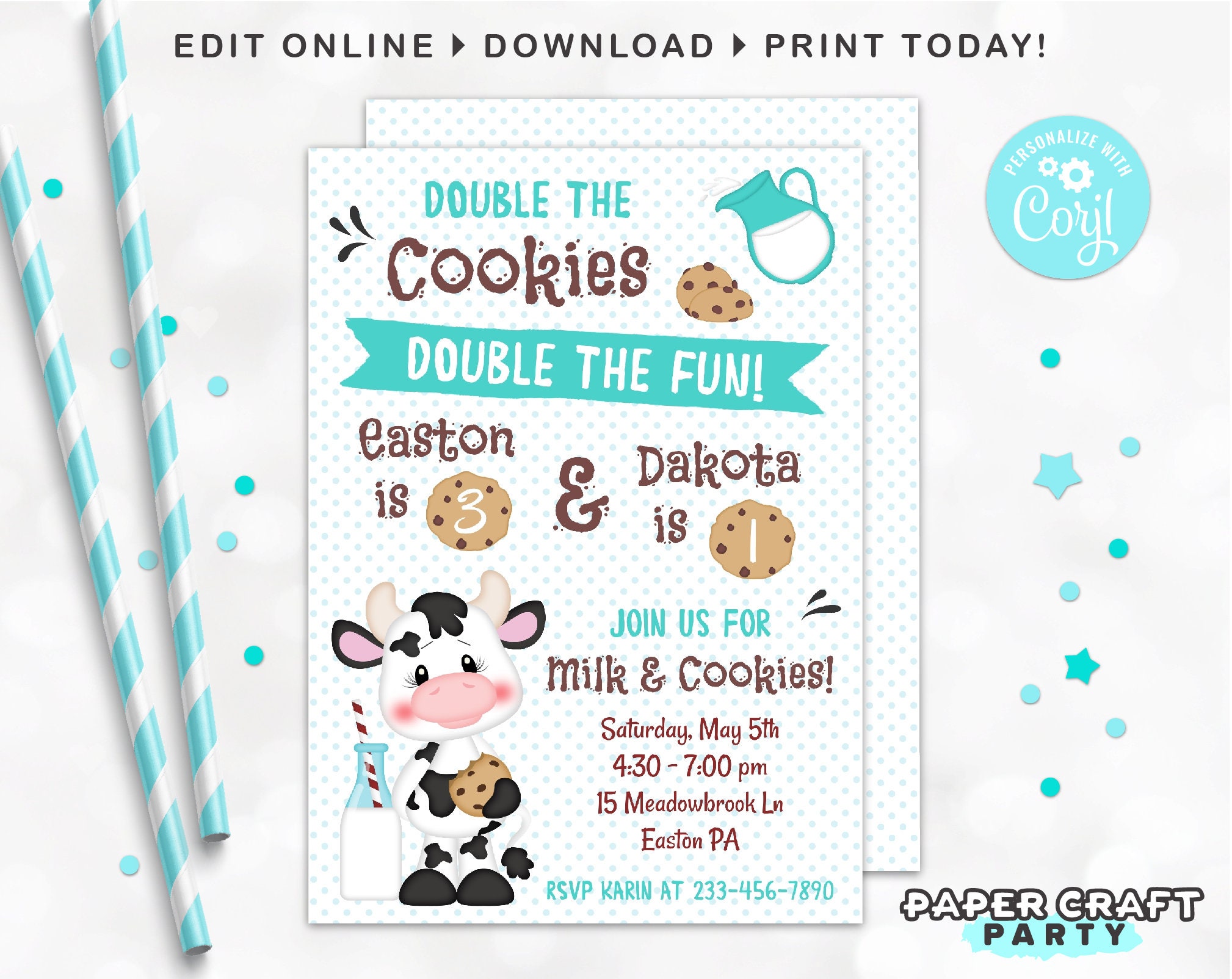 Milk & Cookies Joint Printable Birthday Party Invitation - Etsy