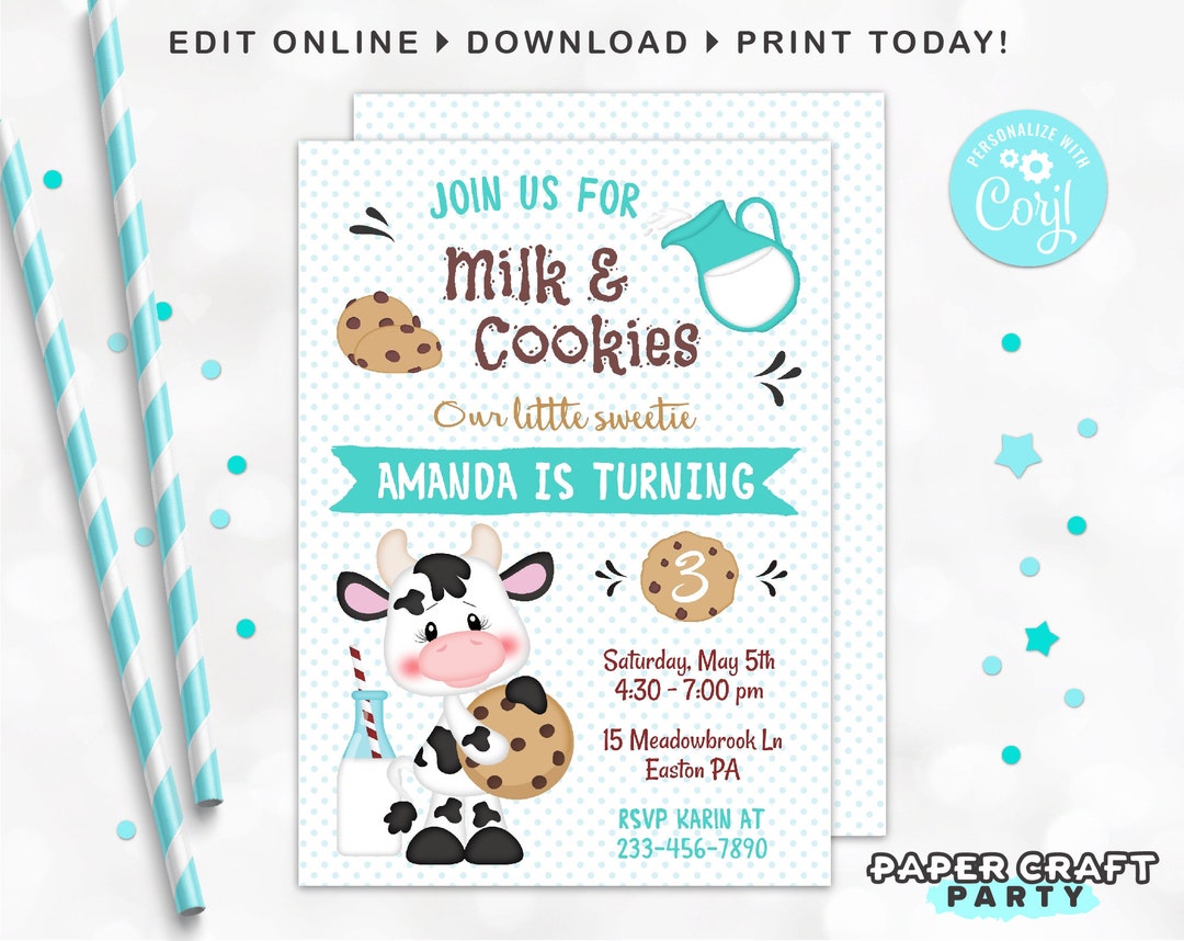 Milk & Cookies Printable Birthday Party Invitation, Thank You Note ...