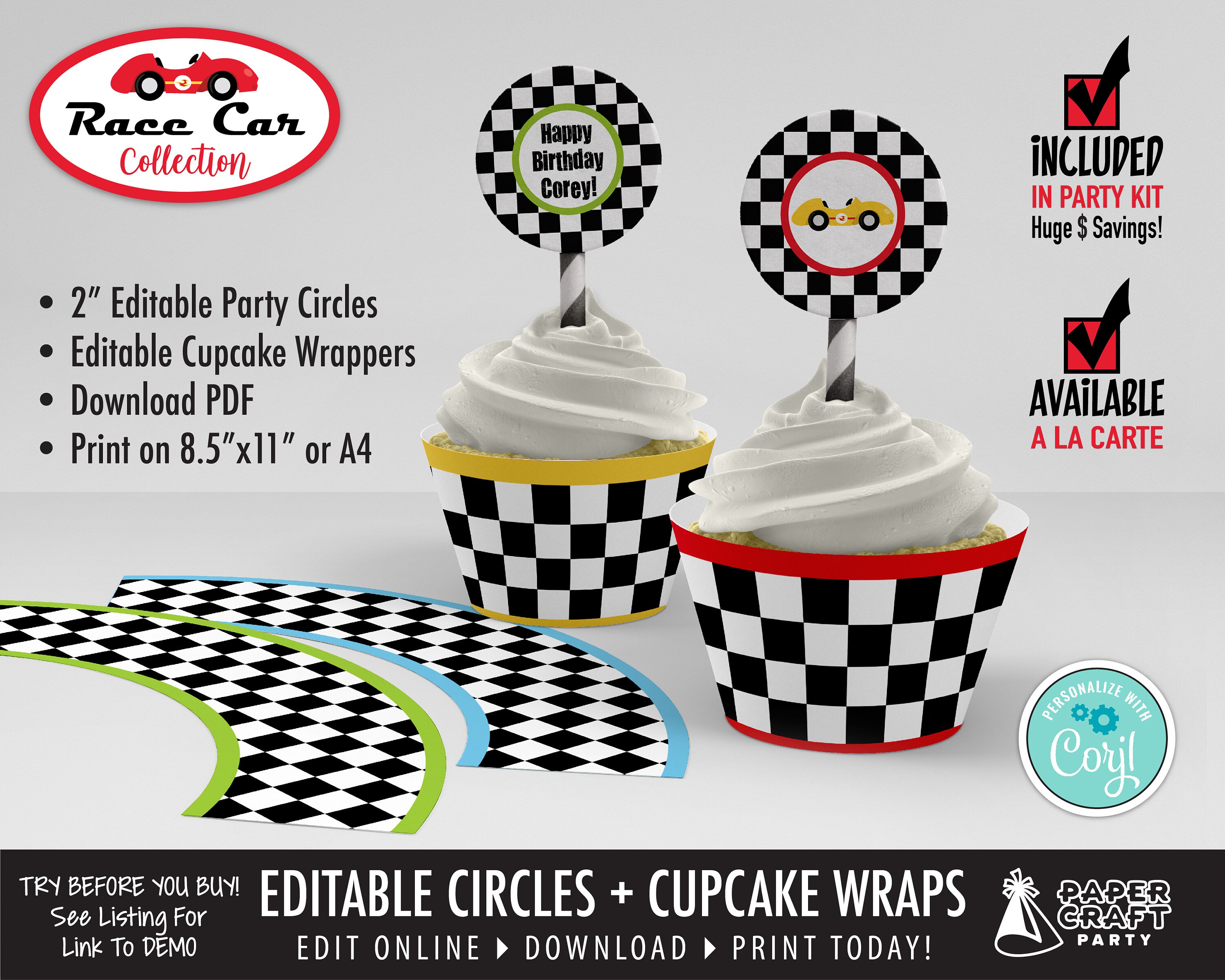 Race Car Printable Birthday Party Kit, Retro Vintage Race Car Party ...
