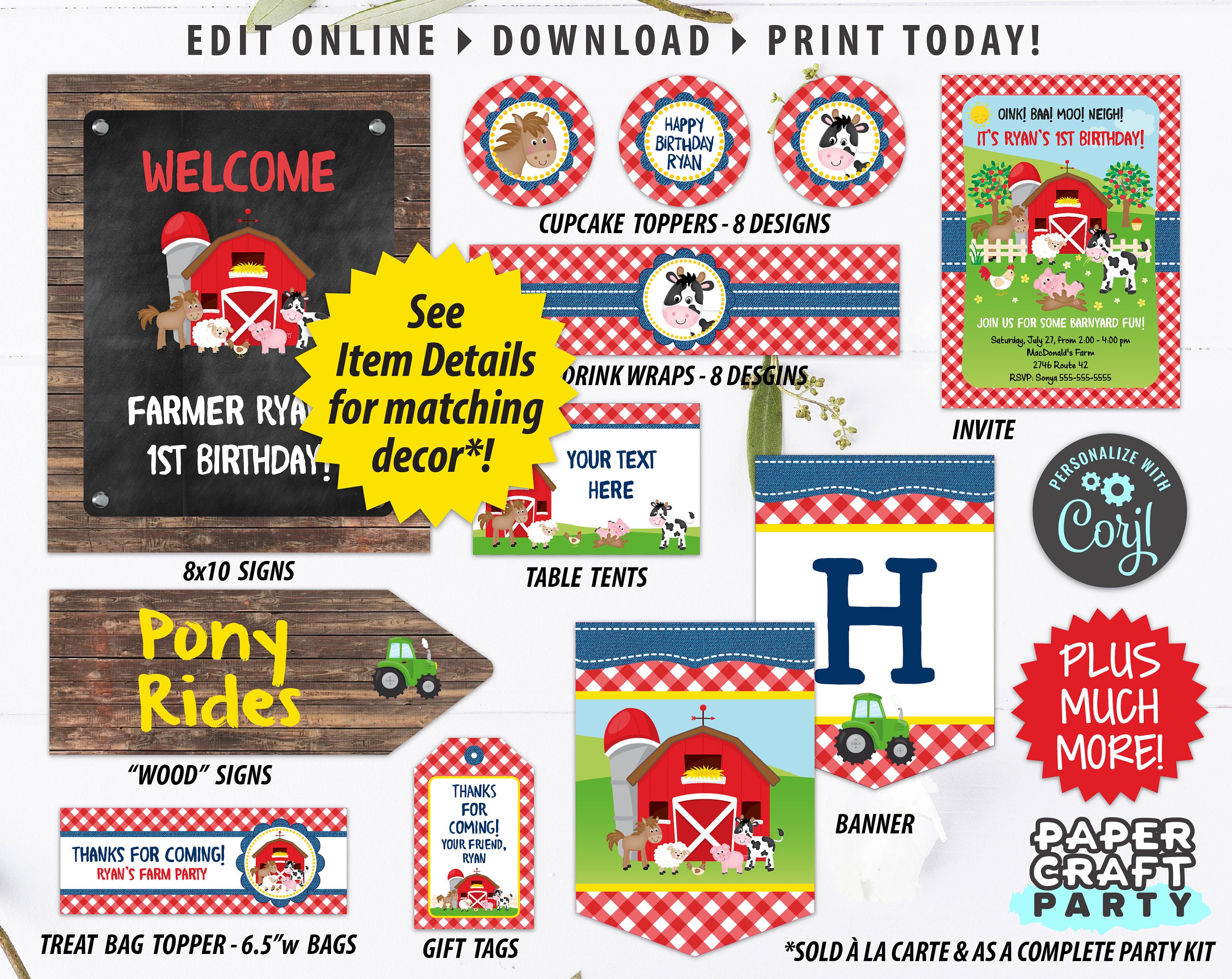 Farm Party Printable Invitation and Thank You Note in RED | Etsy