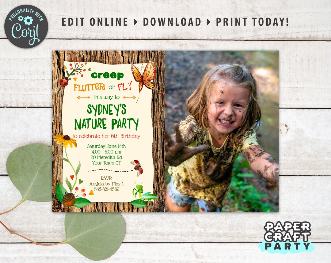Nature Party Printable PHOTO Invite, Backside+thank You Note, Bug ...