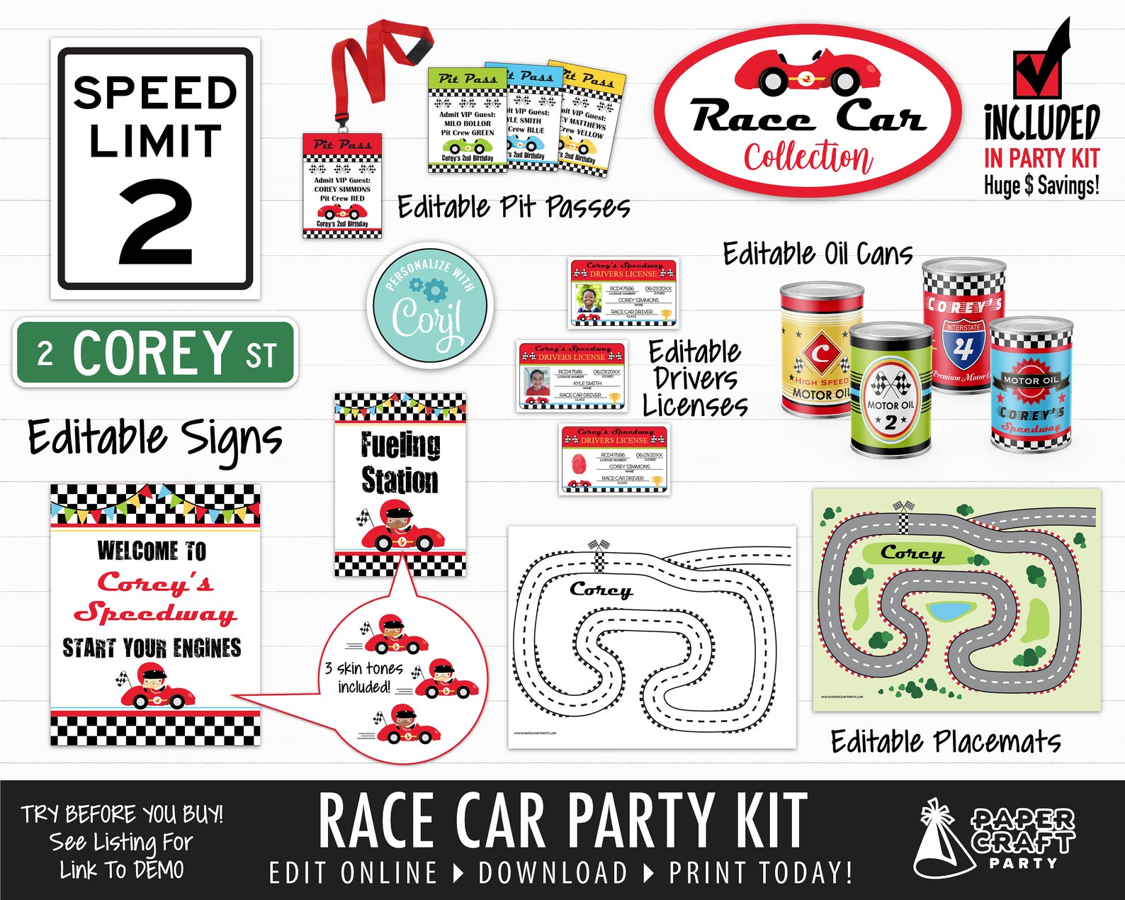 Race Car Printable Birthday Party Kit, Retro Vintage Race Car Party ...