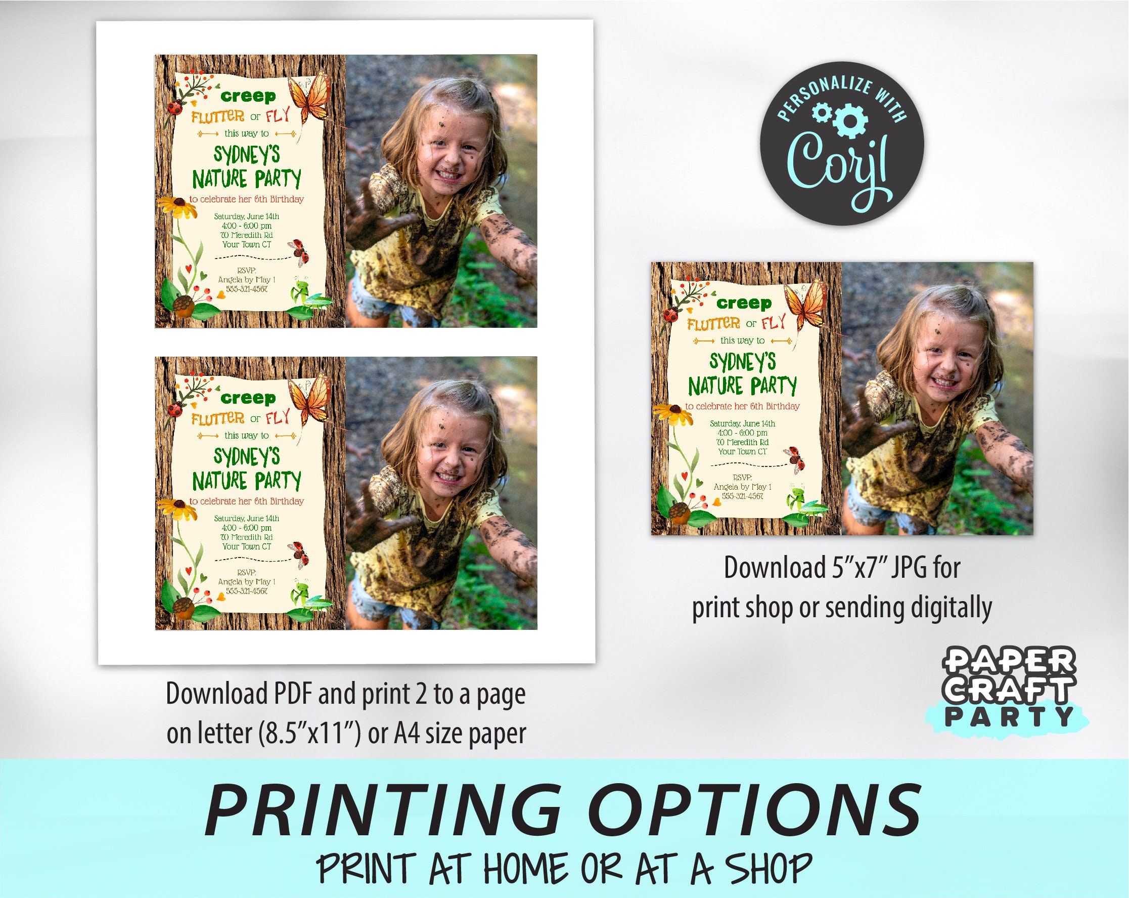 Nature Party Printable PHOTO Invite, Backside+thank You Note, Bug ...
