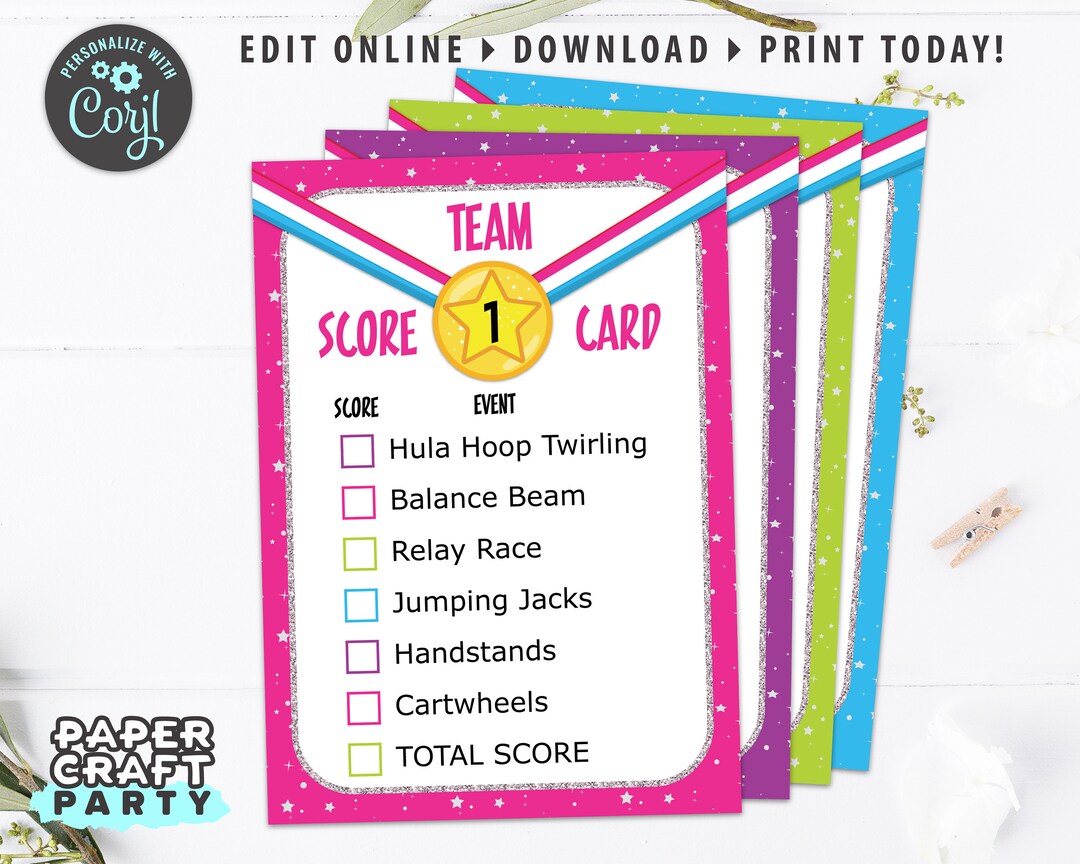 Gymnastics Party Printable Score Cards, Meet Cards, Edit Online ...