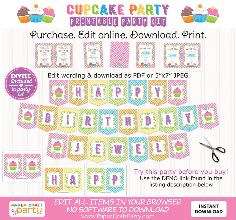 Cupcake Printable Party Kit Includes Invite and Decorations | Etsy