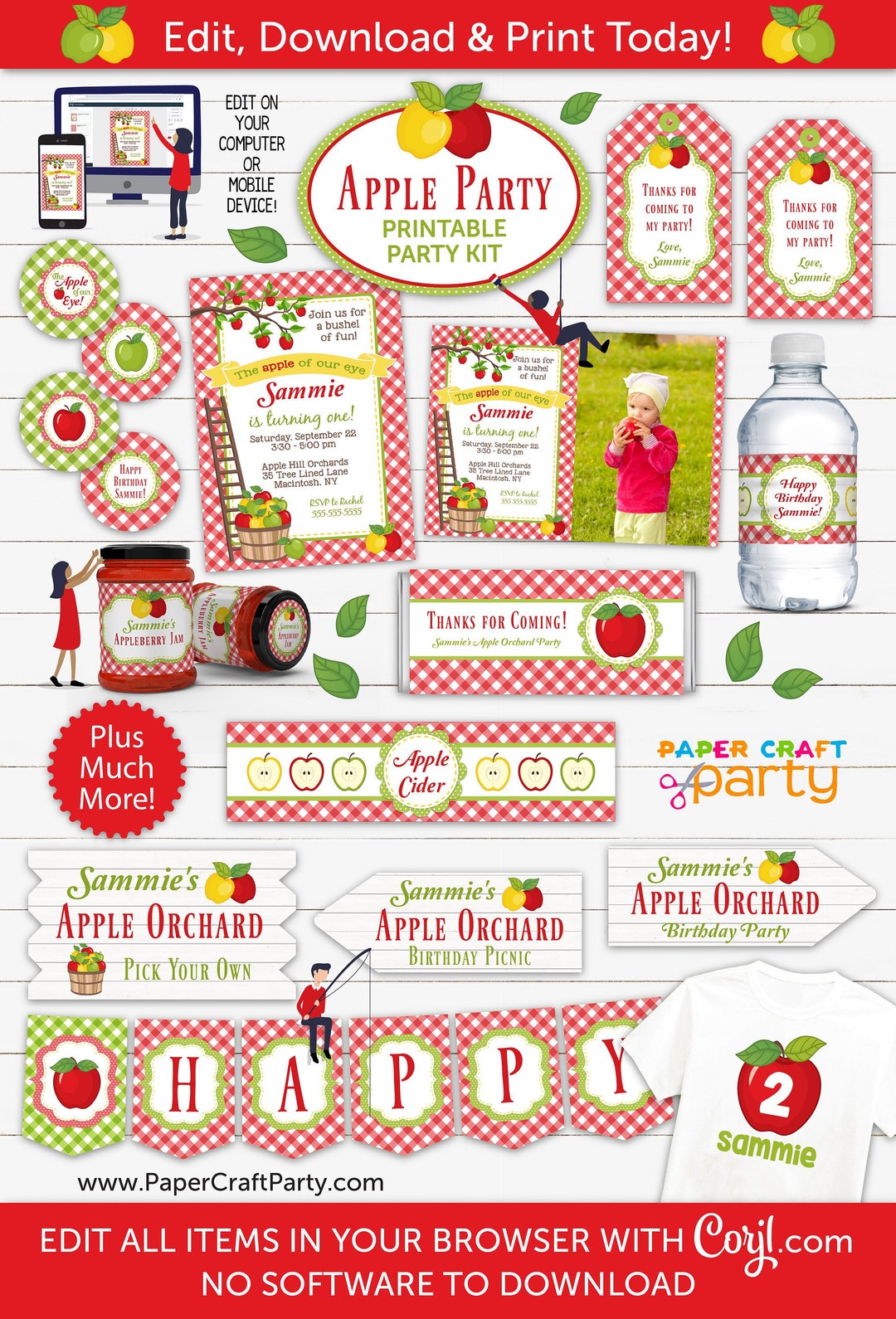 Apple Printable Party Kit Includes Invites and Decorations in RED, Edit ...