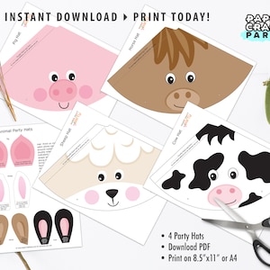 Farm Animal Party Hats, Printable Party Hats, Cow, Horse, Pig, Sheep ...