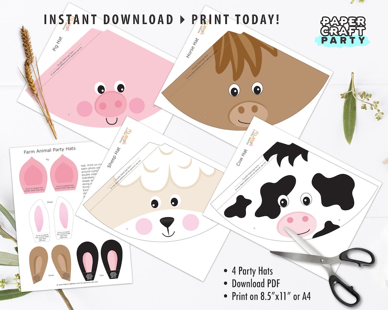 Farm Animal Party Hats Printable Party Hats Cow Horse Pig - Etsy Canada