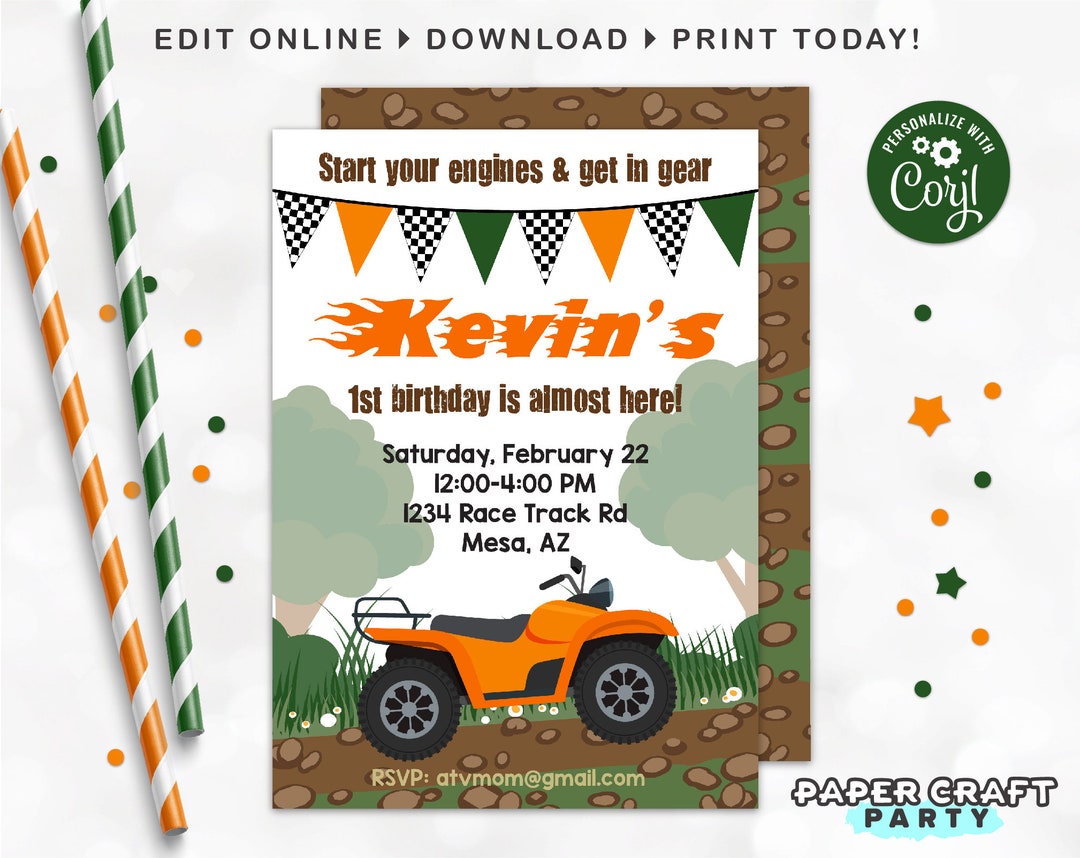 ATV Printable Invitation, Quad 4-wheeler, Thank You Note & Backside ...