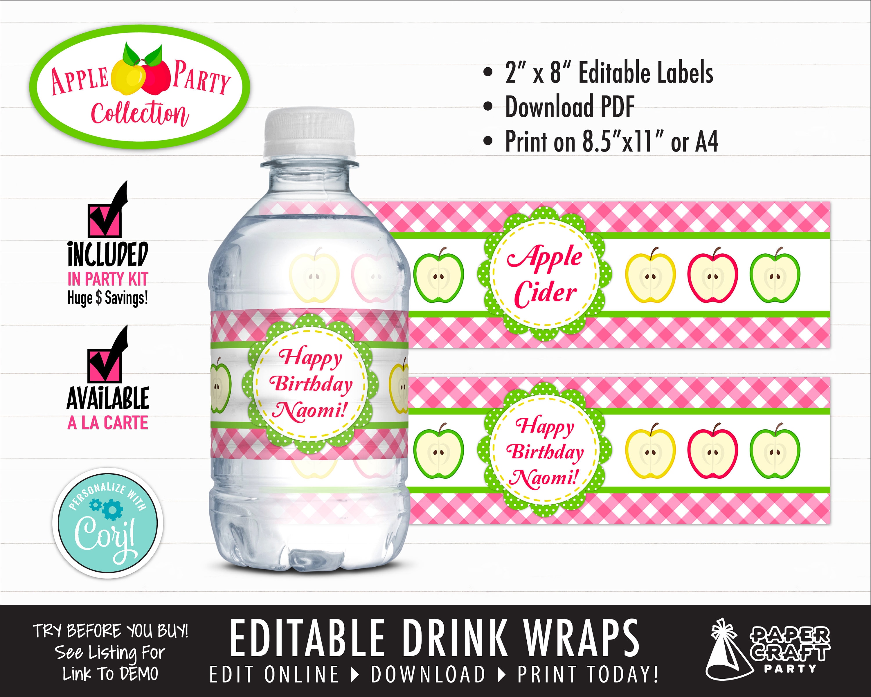 Apple Party Printable Birthday Gift Tags, Hanging Tags, Edit Online ...
