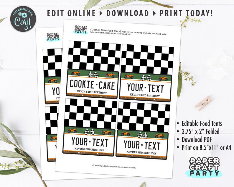 ATV Printable Food Tents, License Plate Place Cards, Buffet Labels ...