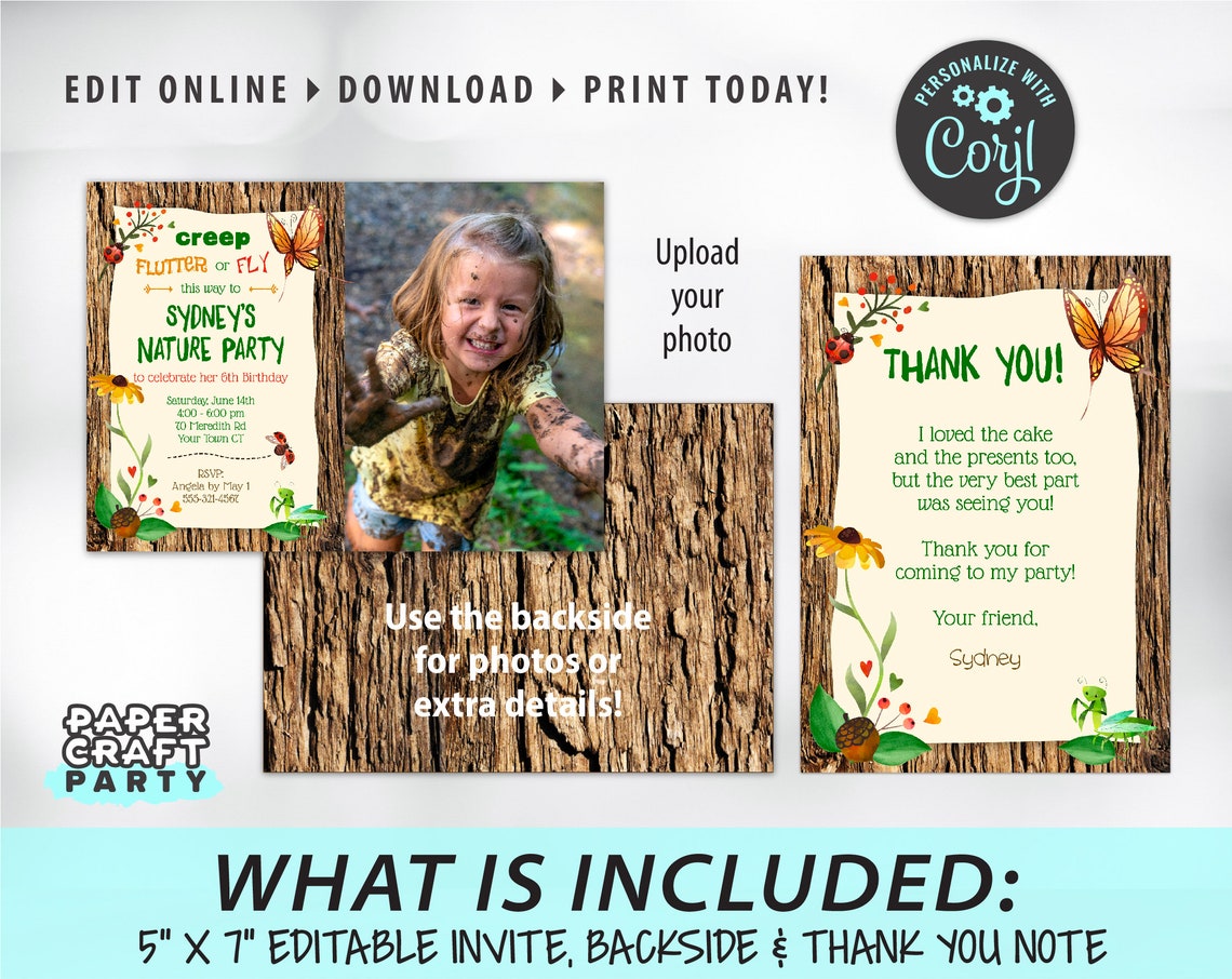 Nature Party Printable PHOTO Invite, Backside+thank You Note, Bug ...