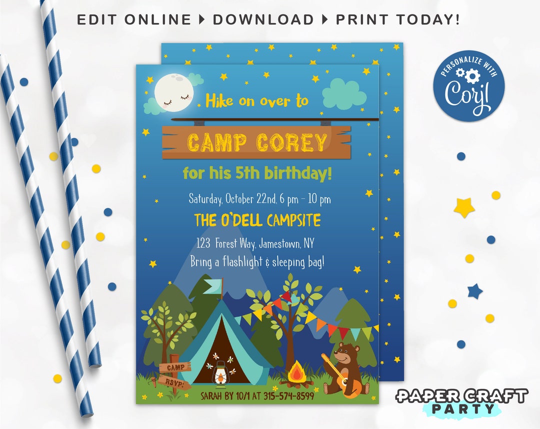 Camping Printable Invite, Backside & Thank You Note, Nature Woodland S ...