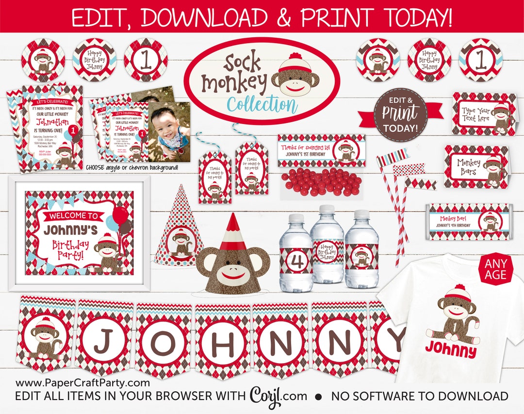 Sock Monkey Printable Party Kit Includes Invites and Decorations, Edit ...