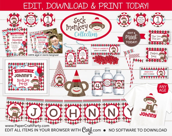 Sock Monkey Printable Party Kit Includes Invites and Decorations, Edit ...