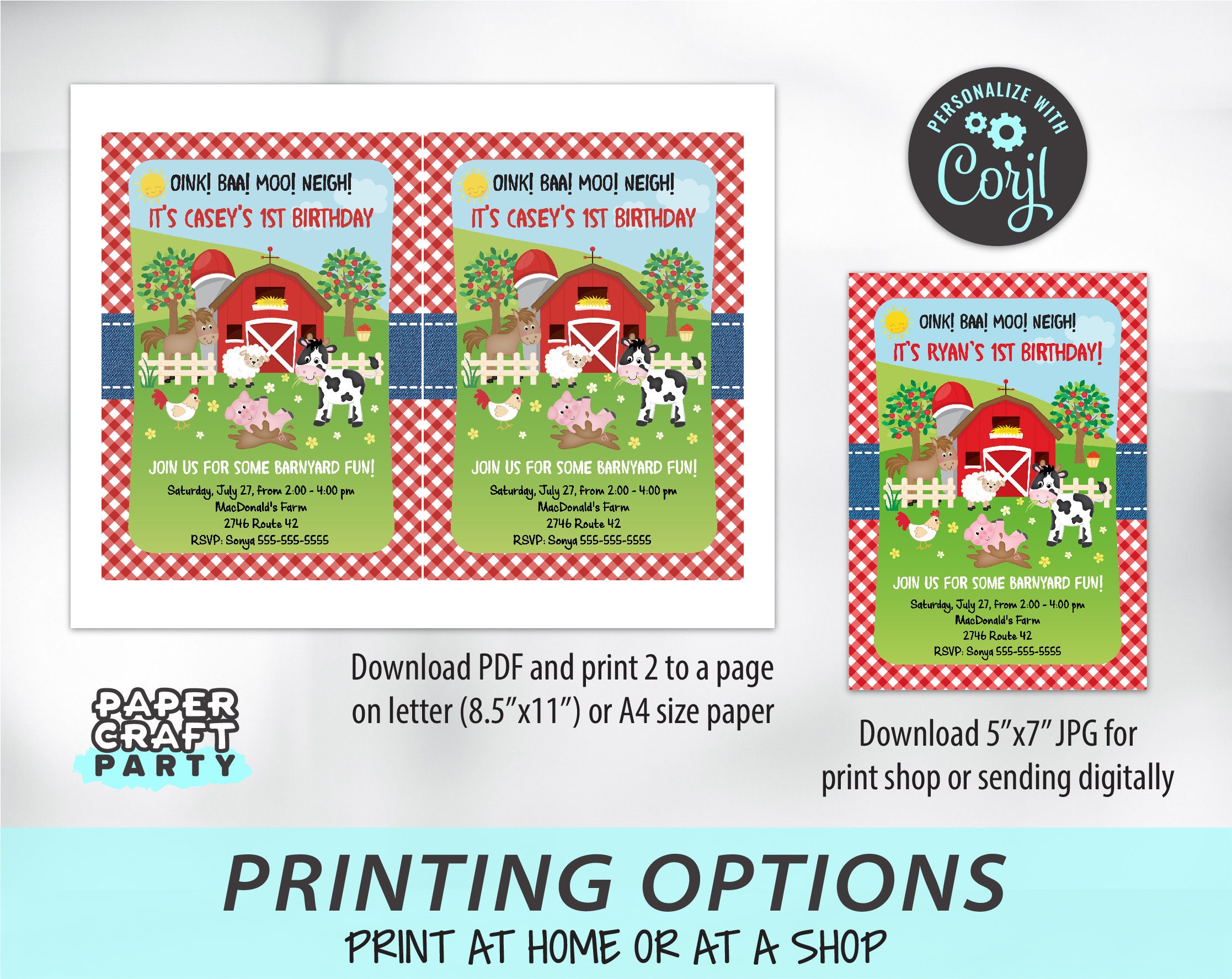 Farm Party Printable Invitation and Thank You Note in RED, Includes ...