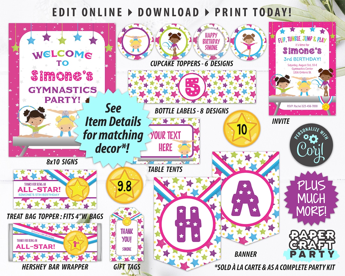 Gymnastics Party Drink Labels, Printable Birthday Water Bottle Wrappers ...