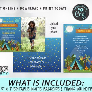 Camping Printable PHOTO Invite, Backside & Thank You, Nature Woodland S ...