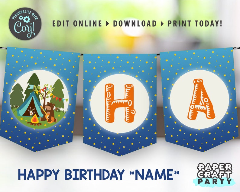 Camping Party Printable Birthday Banner Edit Online | Etsy