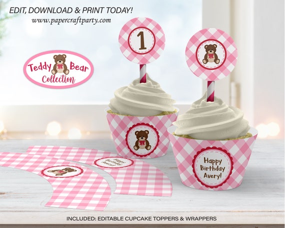 Teddy Bear Picnic Printable Party Circles & Cupcake Wrappers, Edit ...
