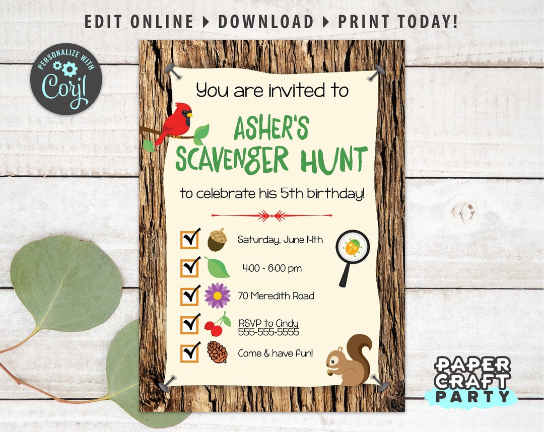 Scavenger Hunt Printable Invite, Backside & Thank You Note, Nature ...