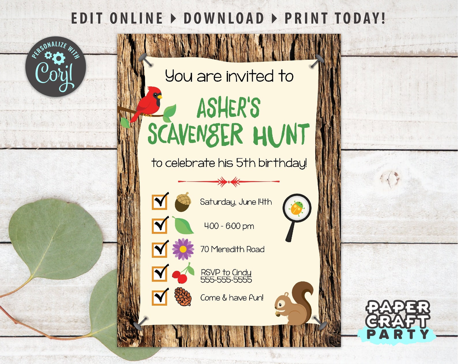 Scavenger Hunt Printable Invite, Backside & Thank You Note, Nature ...