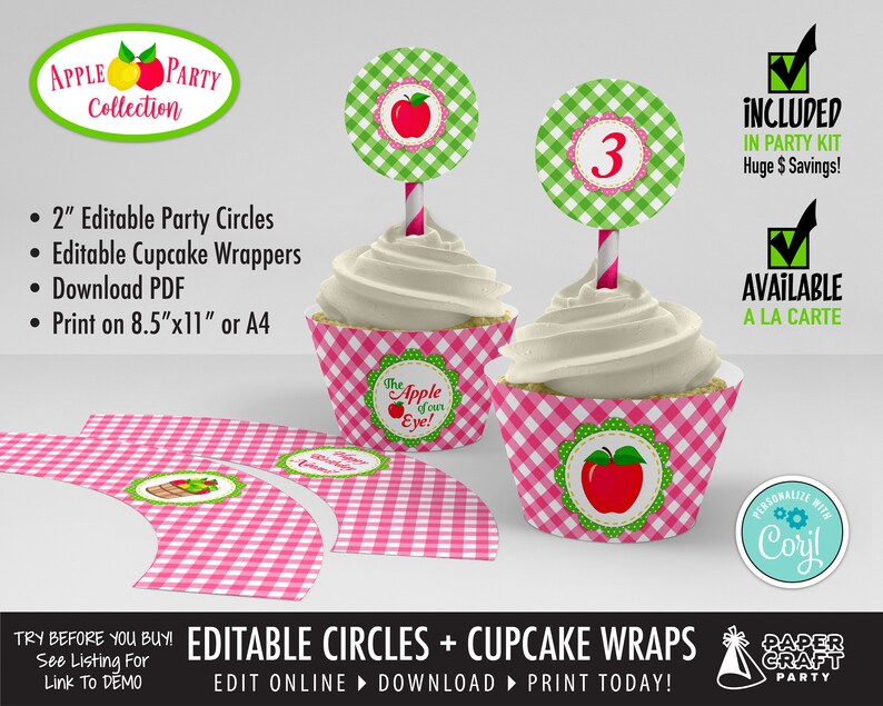 Apple Party Printable Birthday Gift Tags, Hanging Tags, Edit Online ...