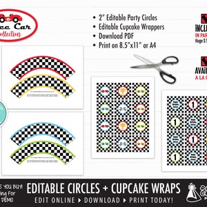 Race Car Printable Party Circles & Cupcake Wrappers, Edit Online ...
