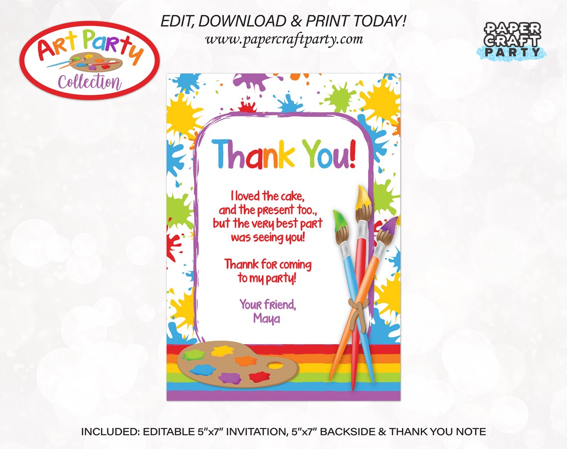 Art Paint Party Printable Invitation and Thank You Note, Includes ...