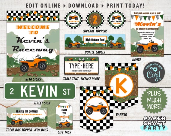ATV Party Kit, Thank You Note & Backside Included, Quad 4-Wheeler, Edit ...