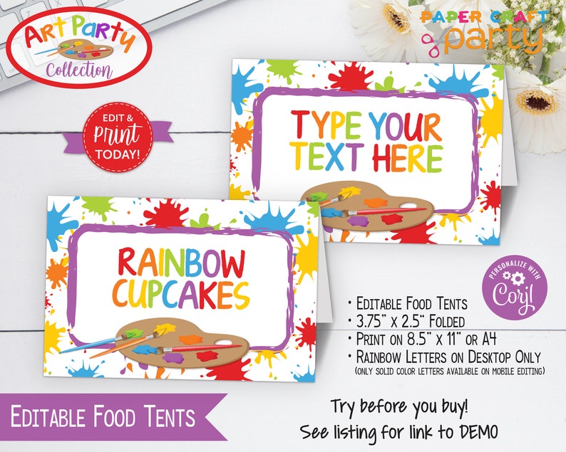 Art Party Printable Paint Brush Gift Tags Name Tags Food | Etsy