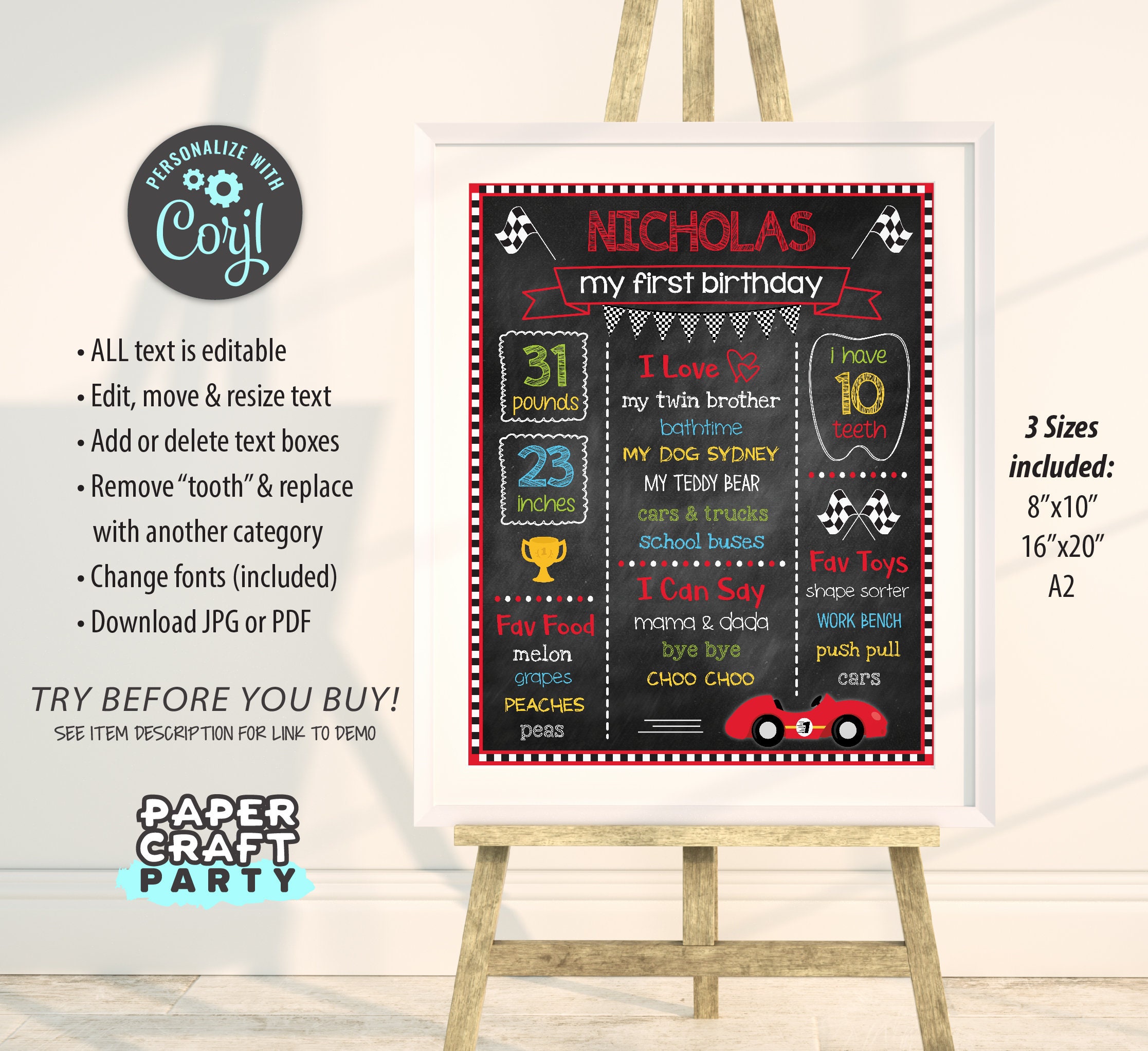 Race Car Milestone Chalkboard Poster for Any Age Printable | Etsy